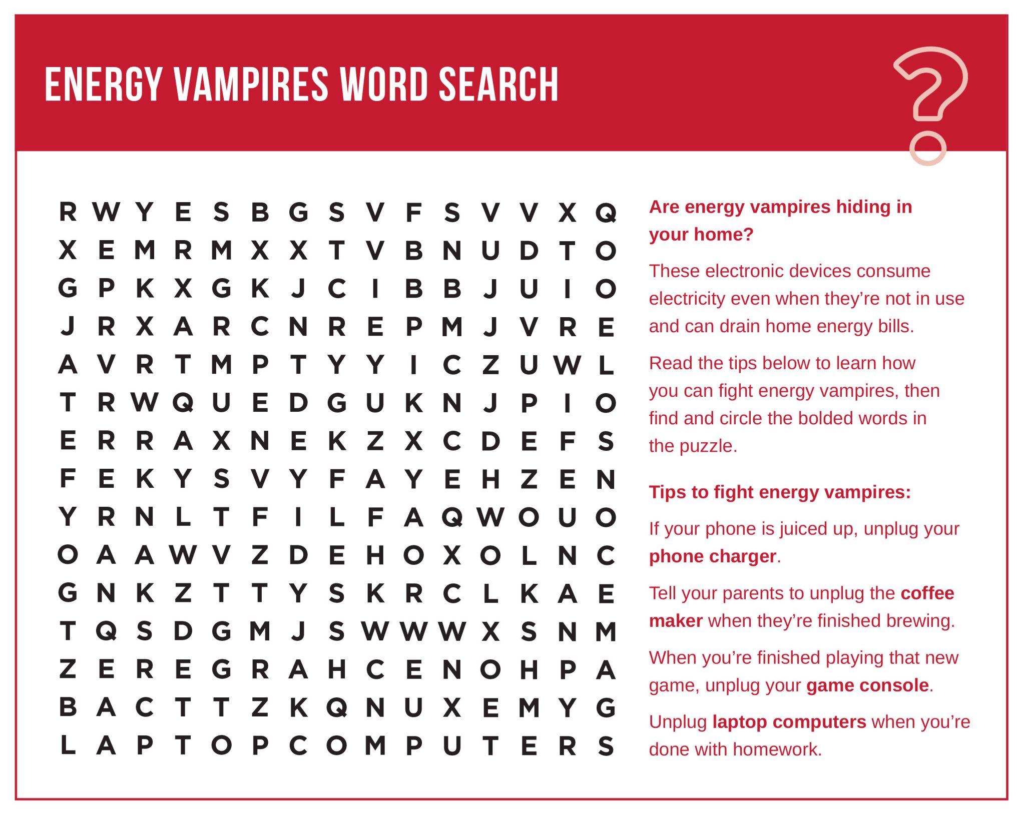 Energy Vampires Word Search - Indiana Connection