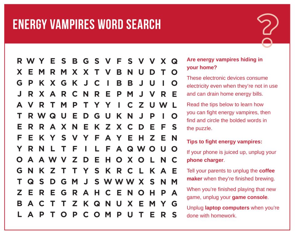 Energy Vampires Word Search - Indiana Connection
